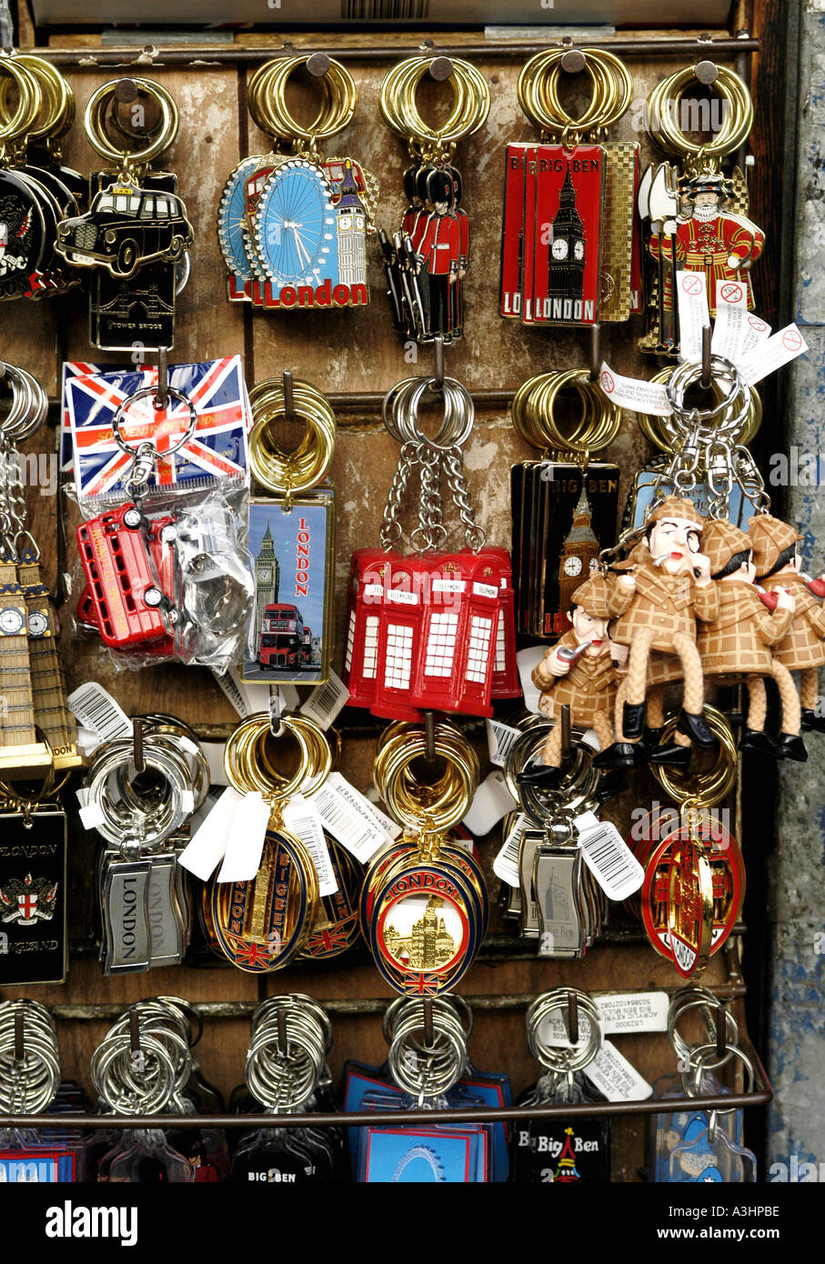 Key rings depicting famous London landmarks on sale to tourists on a ...