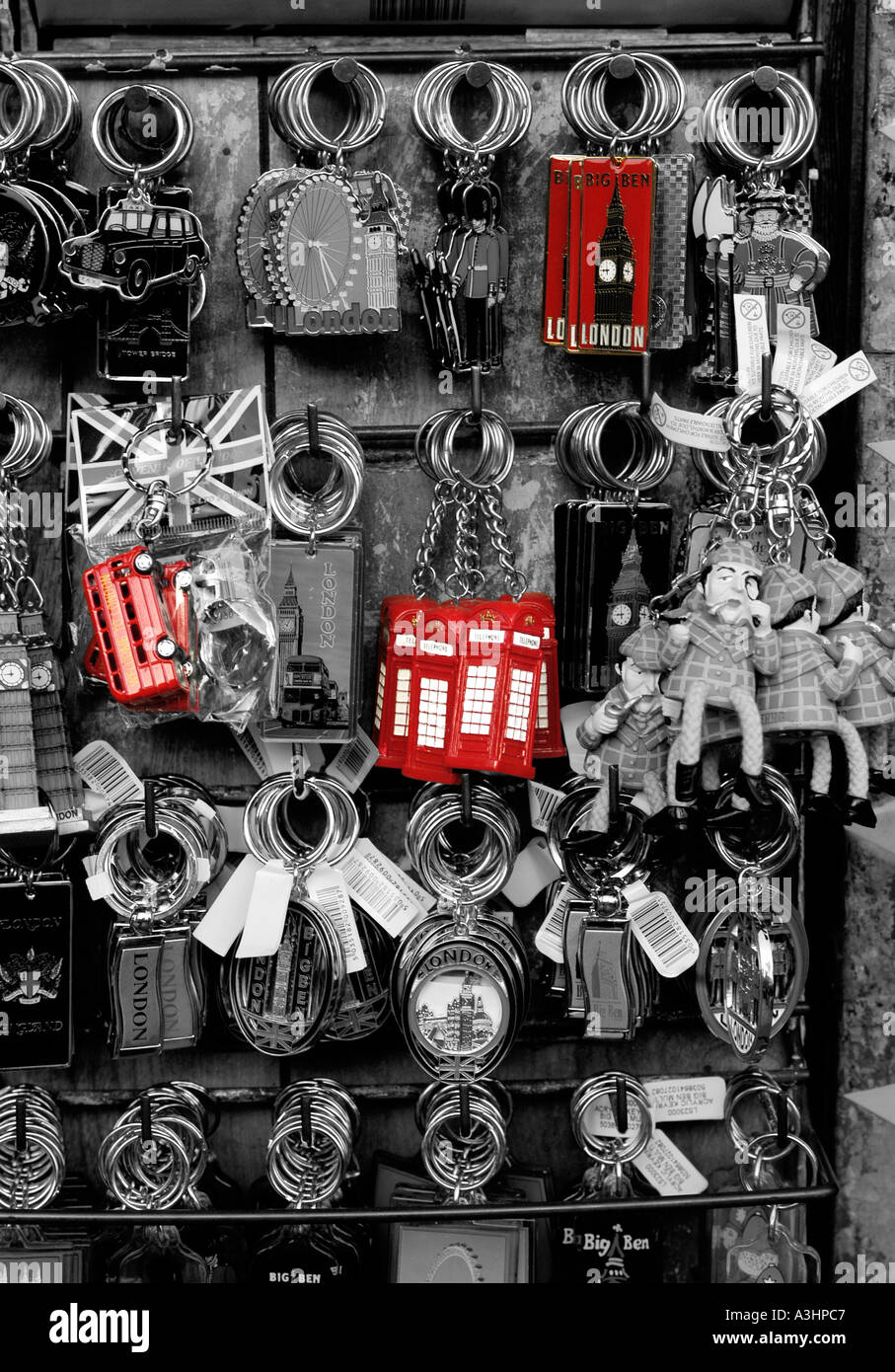 Key rings depicting famous London landmarks on sale to tourists on a ...