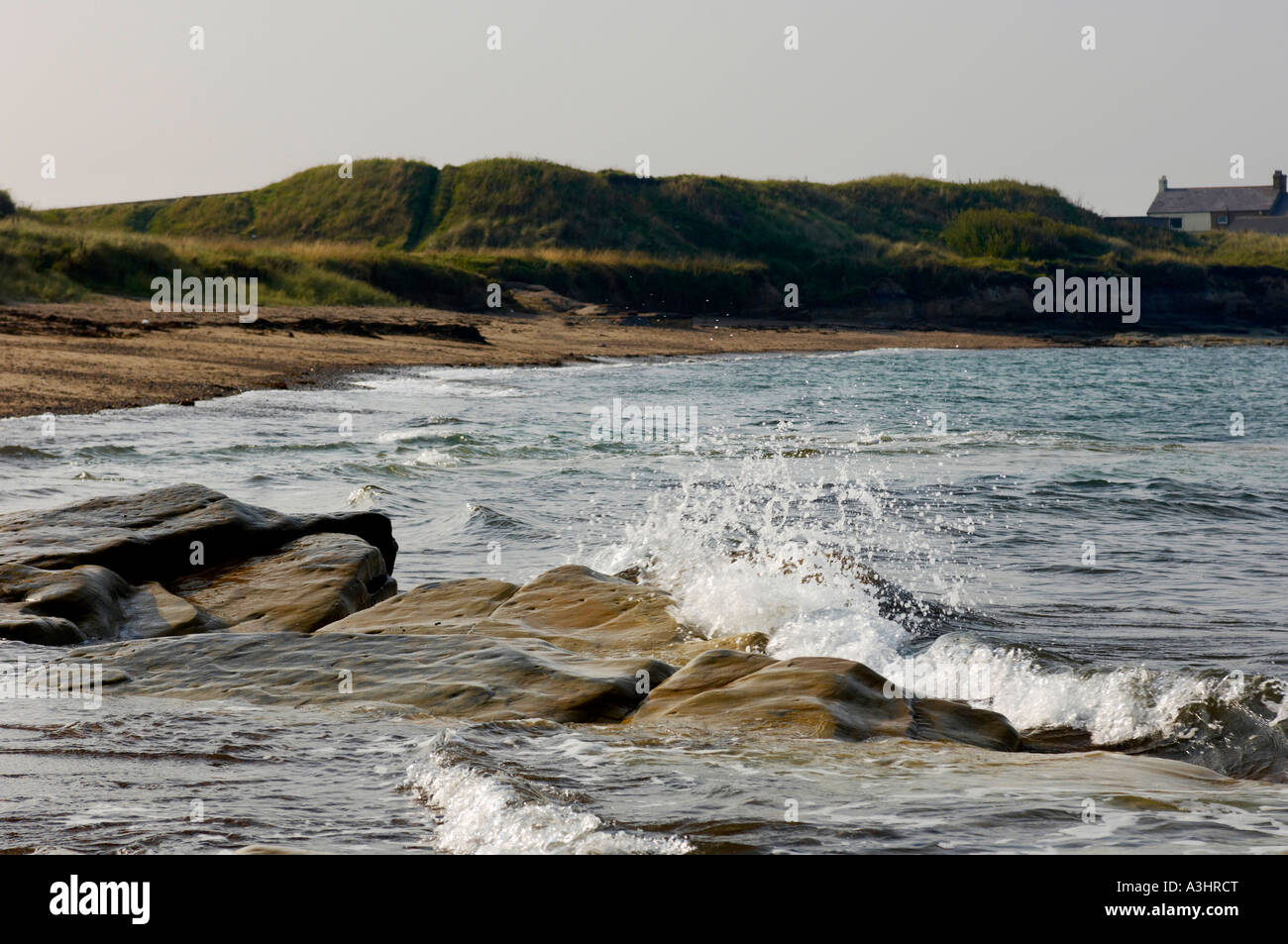Waves gently breaking over rocks at Amble with grassy sand dunes at the ...