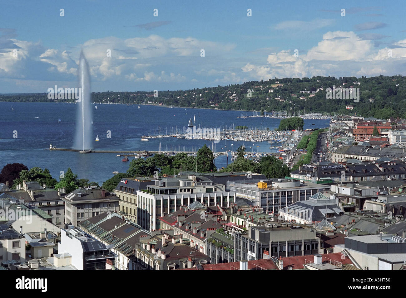 Aerial view of the old town and Geneva Lake with the Jet d'Eau fountain ...