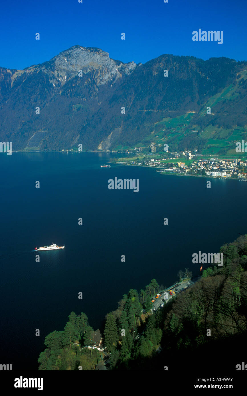 panoramic view of Lake Lucerne with the little town Brunnen in the ...