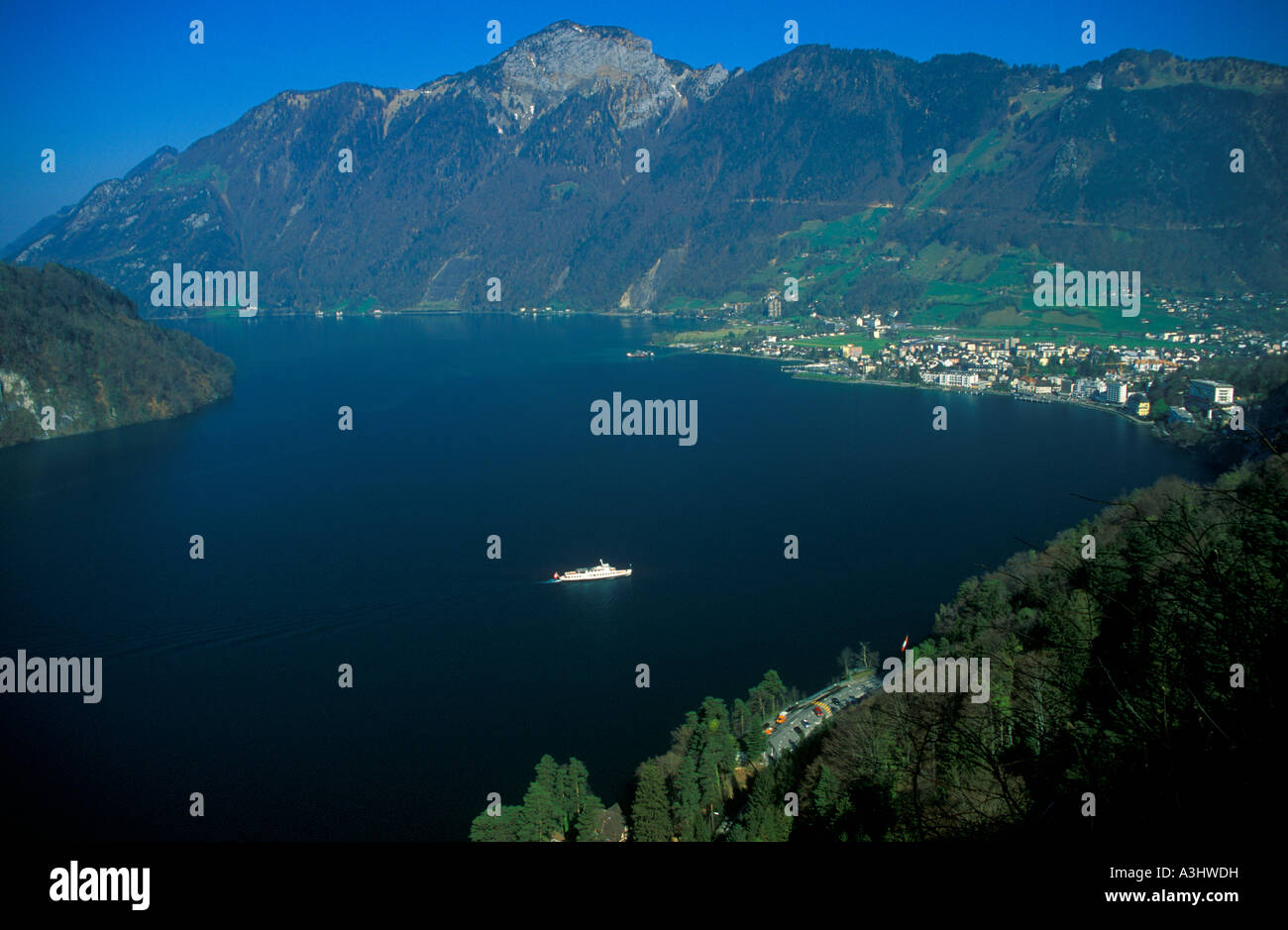 panoramic view of Lake Lucerne with the little town Brunnen in the ...