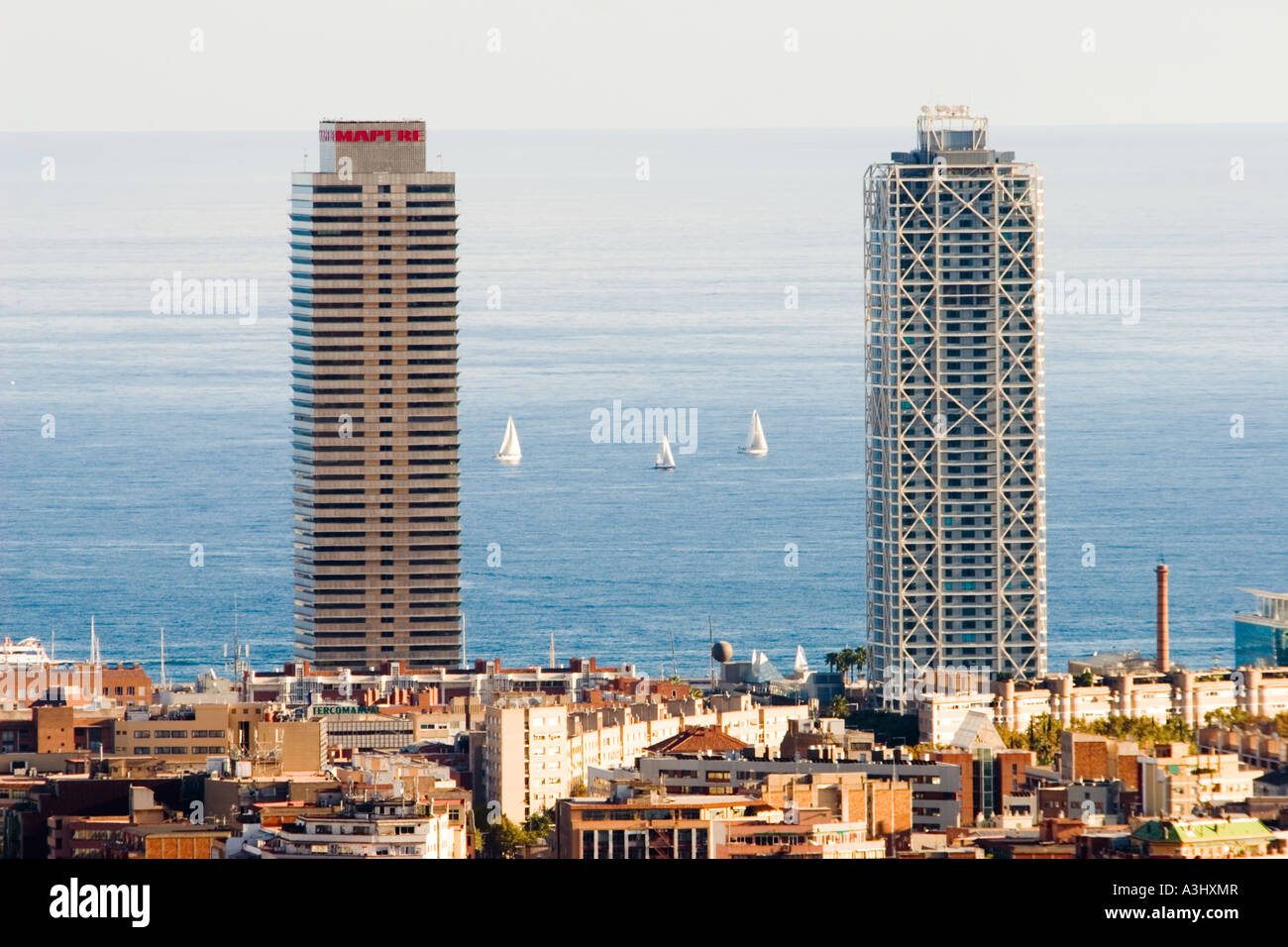 AERIAL VIEW OF THE TOWERS IN THE OLYMPIC PORT IN BARCELONA Stock Photo ...
