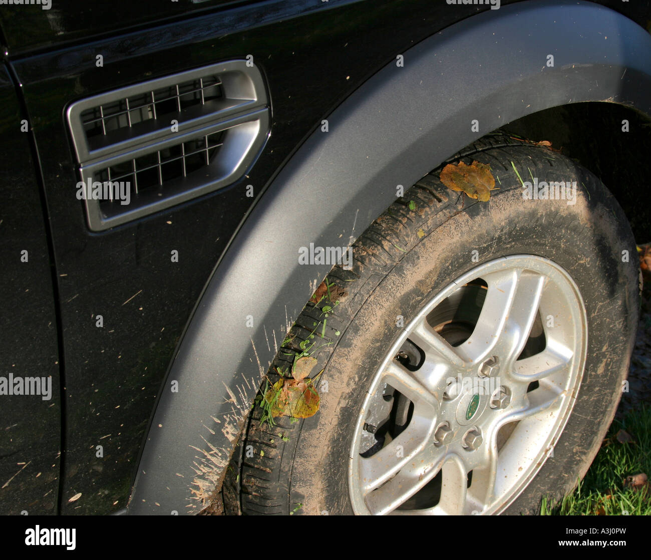 Detail of Range Rover wheel with mud spray Stock Photo - Alamy
