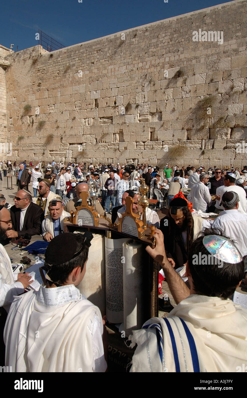 Jewish prayer at the Western wall or wailing wall East Jerusalem Israel ...