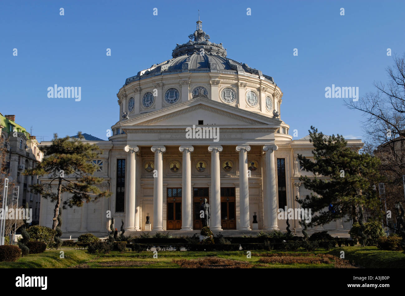 The Romanian Athenaeum concert hall with an elegant dome and Ionic ...