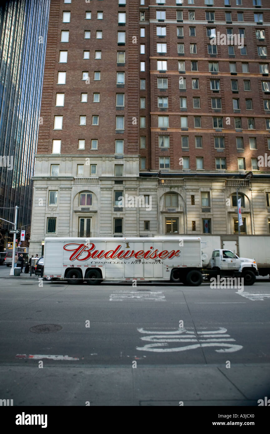 A Budweiser beer truck is stopped on 6th Avenue in New York City USA ...