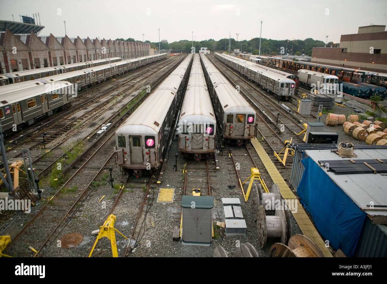 View of the number 7 subway line maintenance terminal in Flushing ...