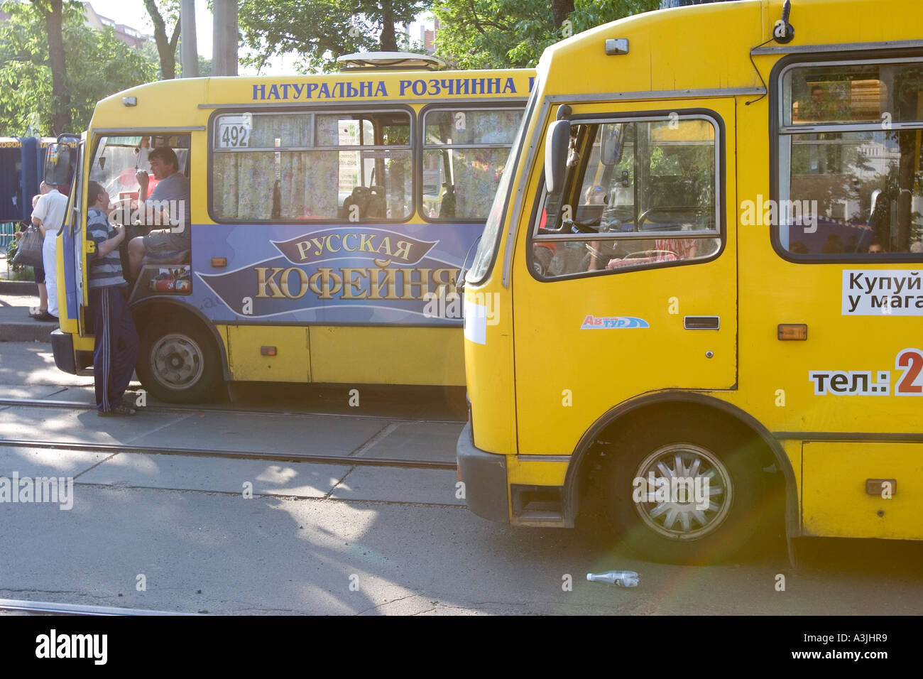 Yellow Taxi Buses waiting for passengers in Kiev, Ukraine 2005 Stock ...