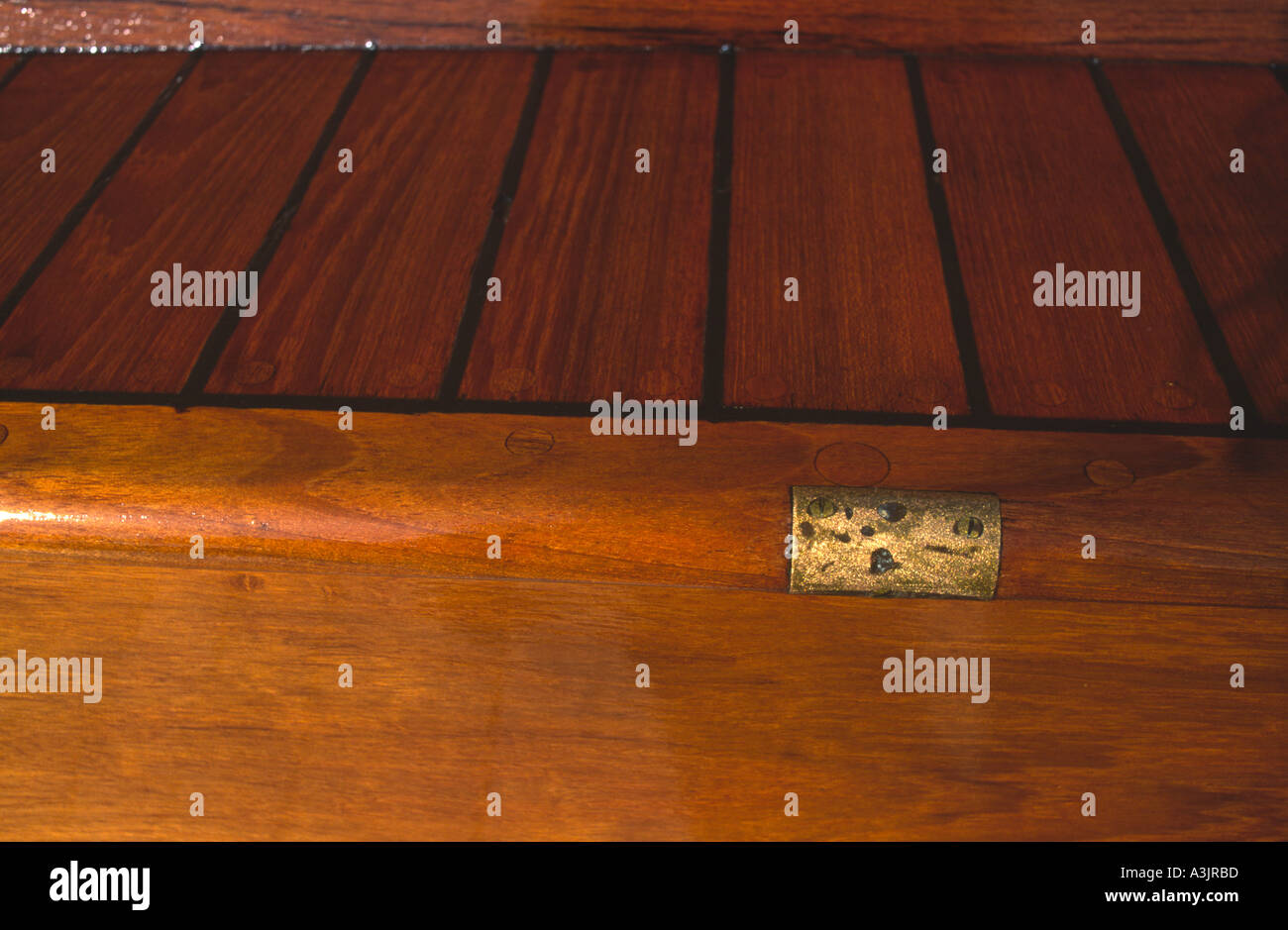A detail shot of the teak cockpit on an old classic wooden yacht called ...