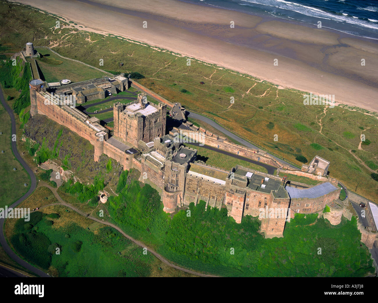 Overhead aerial view of Bamburgh Castle Northumberland UK Stock Photo ...
