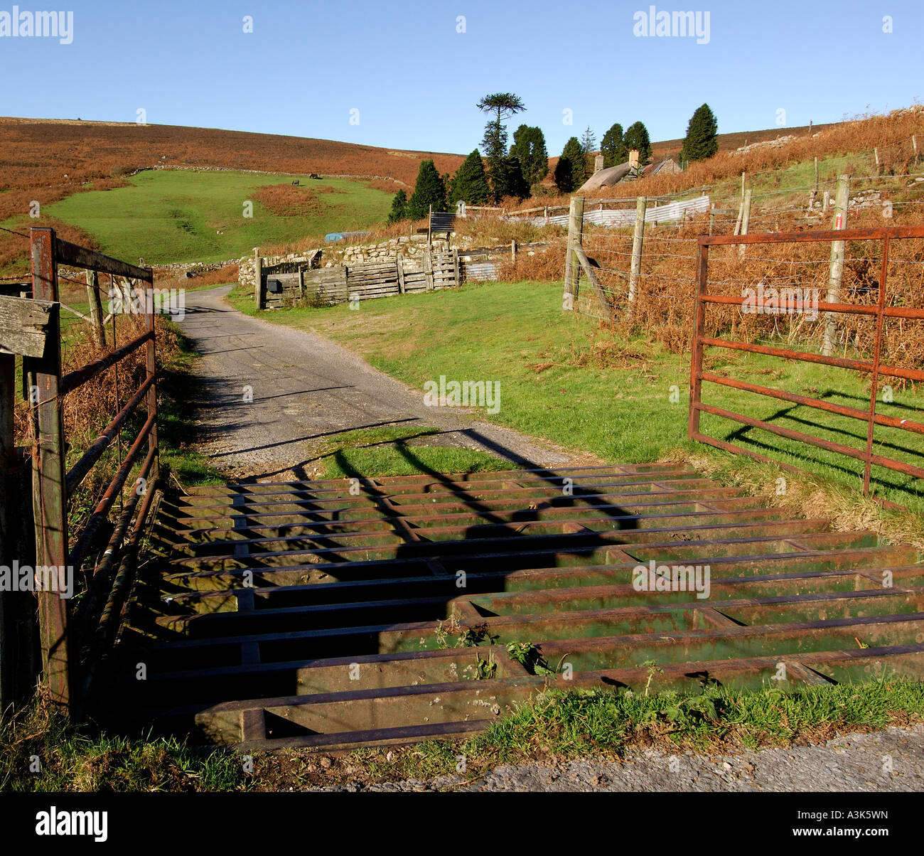 Cattle grid and rusty metal gate at the entrance to an old traditional ...