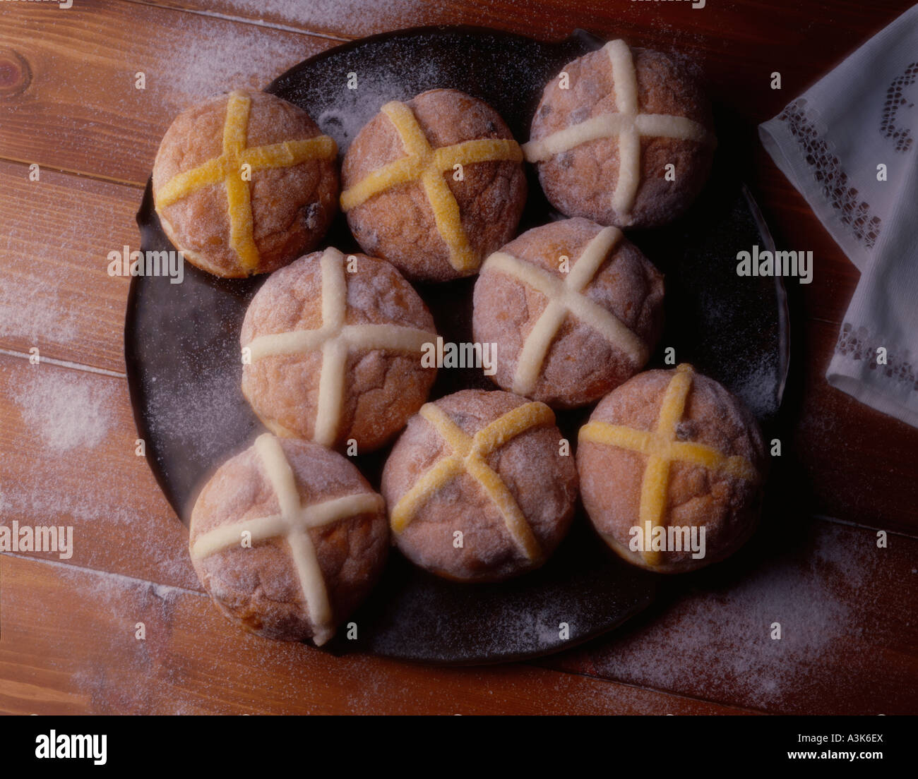 Plate of freshly-baked cinnamon hot-cross doughnuts Stock Photo - Alamy