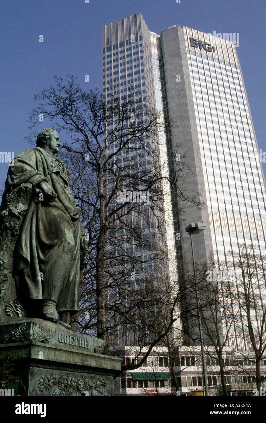 Statue of Goethe against buildings of bank headquarters and corporate ...