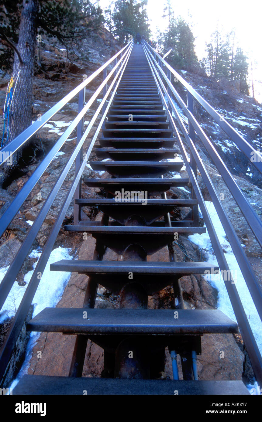 Staircase on the side of a mountain at Seven Falls Park in Colorado ...