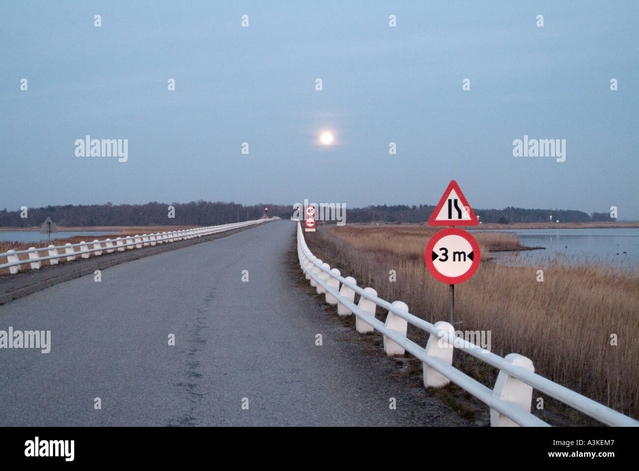 Moon over lonely coastline road, Island of Moen, Baltic sea, Danmark ...