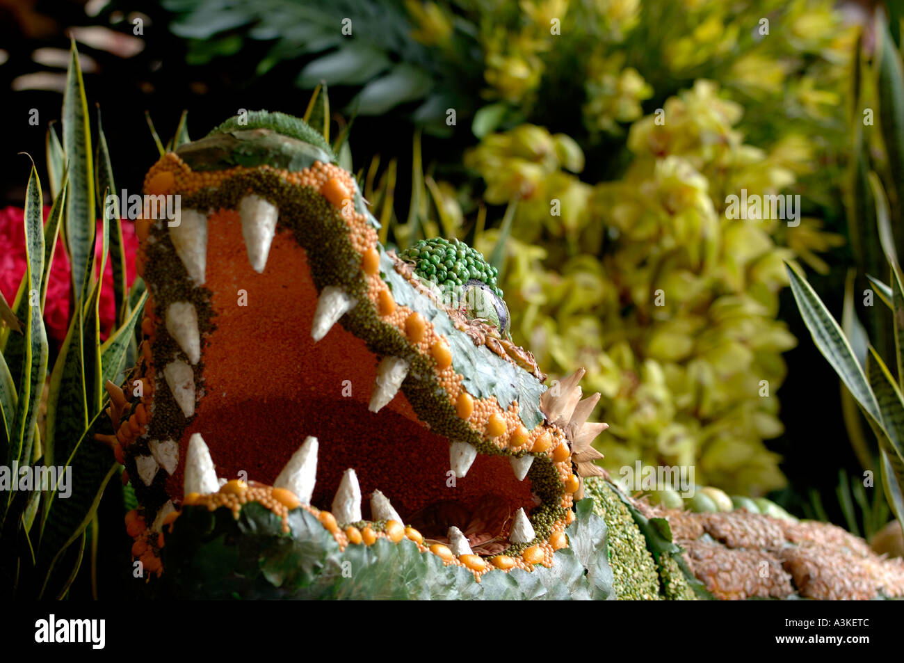 Rose Parade float. Crocodile crafted from textured pineapple skins in ...
