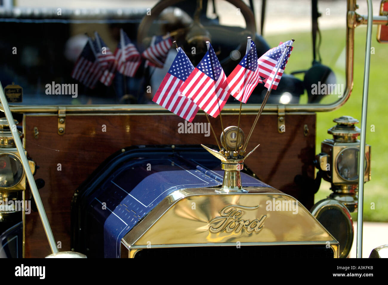Los Angeles California car show. American flags on hood of Ford Model T ...