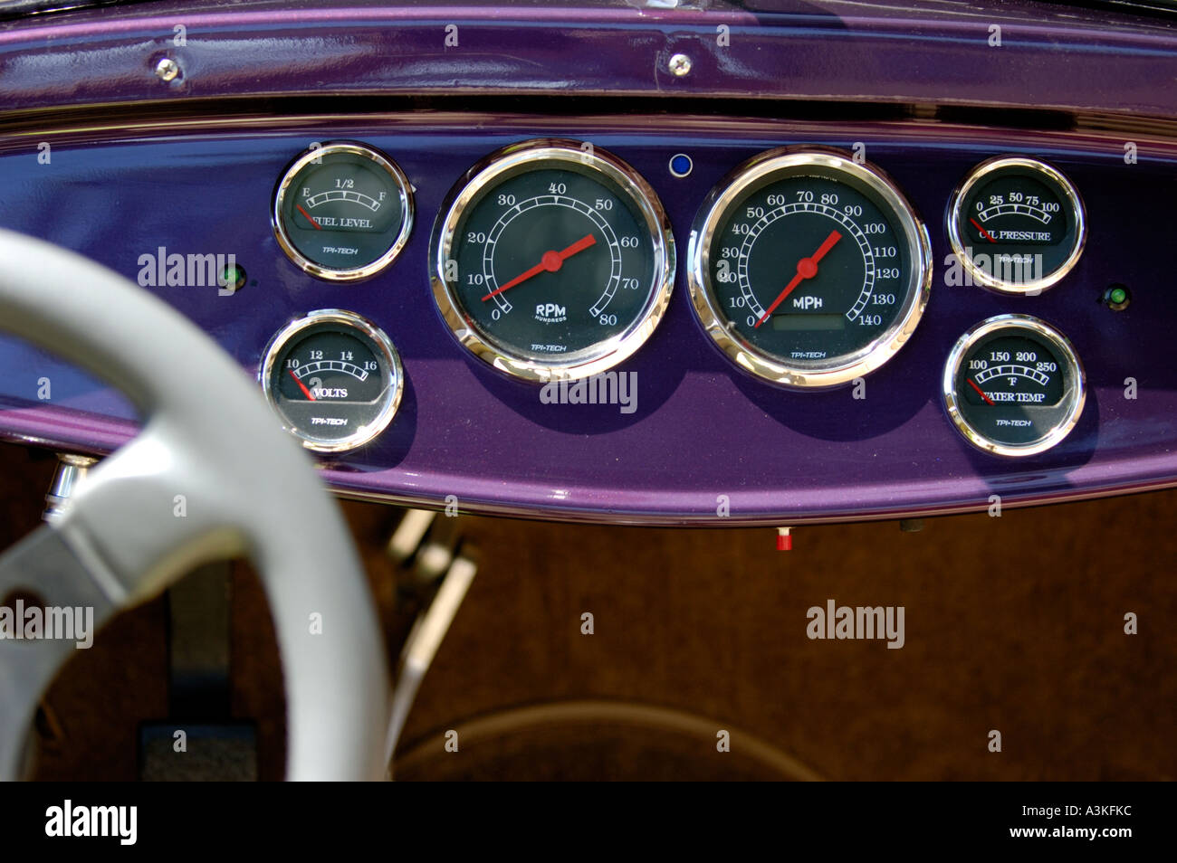 Los Angeles California car show. Panel of instruments in classic ...