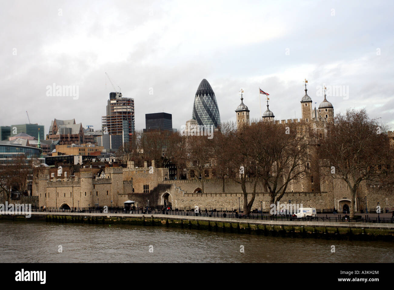The Tower of London turrets and the Gherkin Skyscraper central London ...
