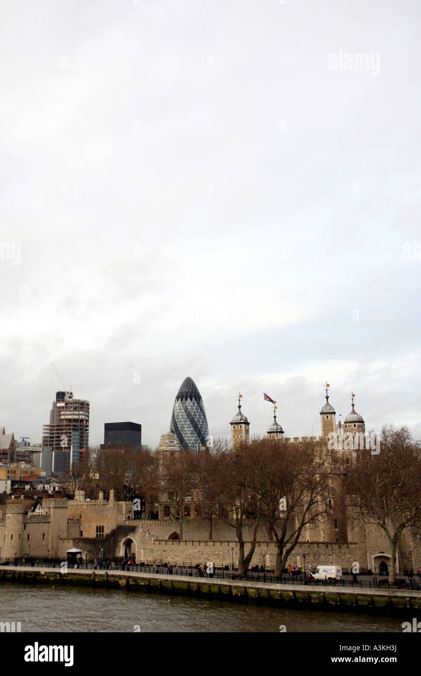 The Tower of London turrets and the Gherkin Skyscraper central London ...