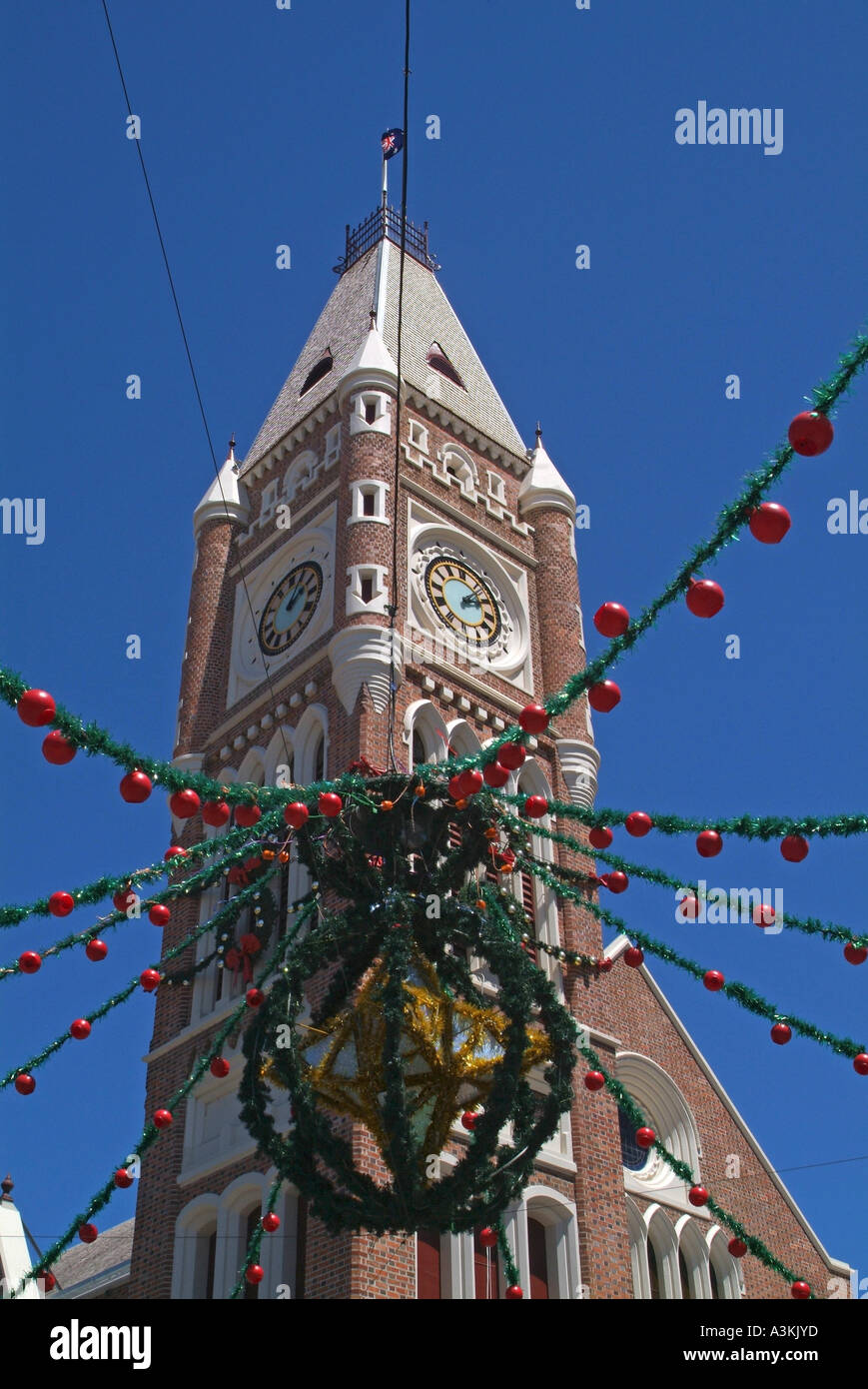 Church clock tower Perth Western Australia Christmas tree decorations ...