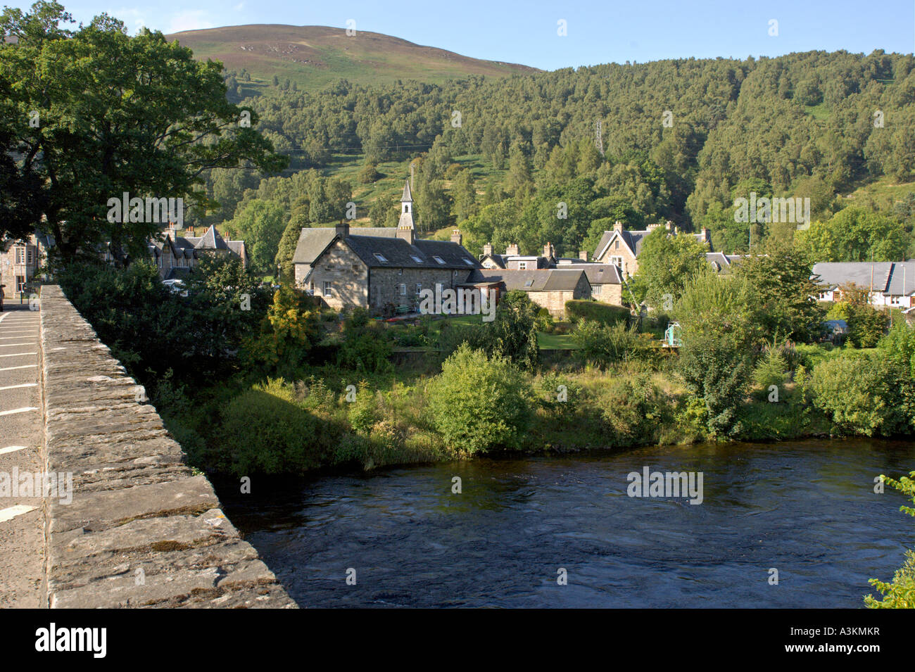 Village of Kinloch Rannoch River Tummel looking north near Pitlochry ...
