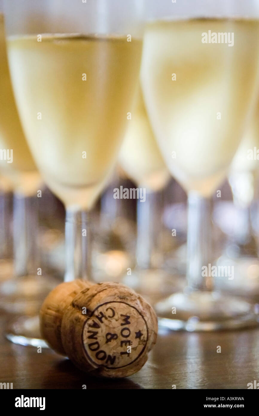 A Moet Chandon champagne cork resting on a table top in front of ...