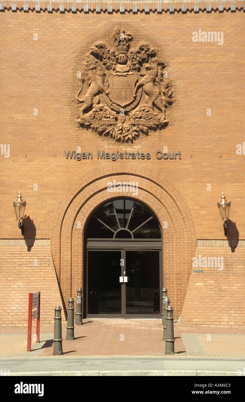 Wigan brick built magistrates court complex close up of main entrance ...