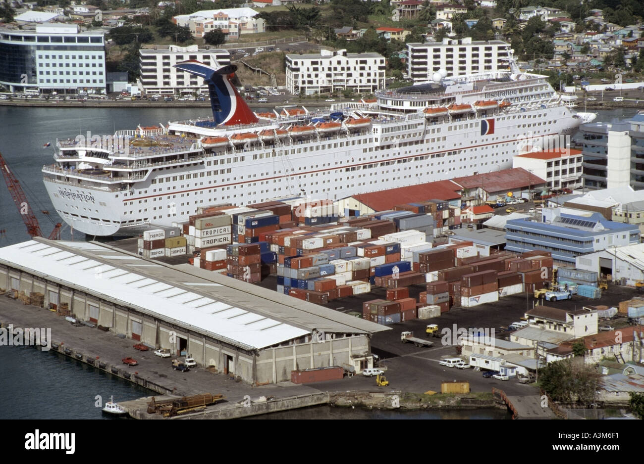 Castries port installations and container depot with cruise ship ...