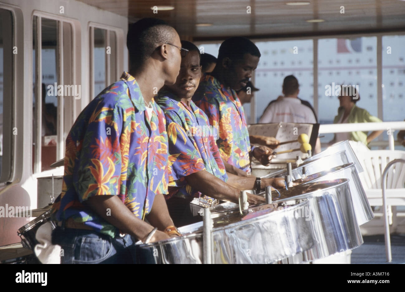 Onboard cruise ship liner close up of steel band providing musical ...