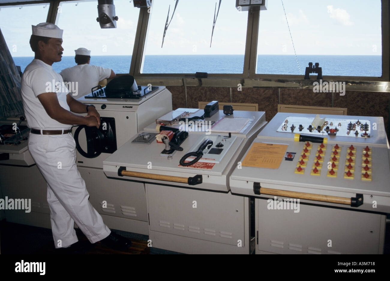 On the bridge of cruise ship at sea with control panels Stock Photo - Alamy
