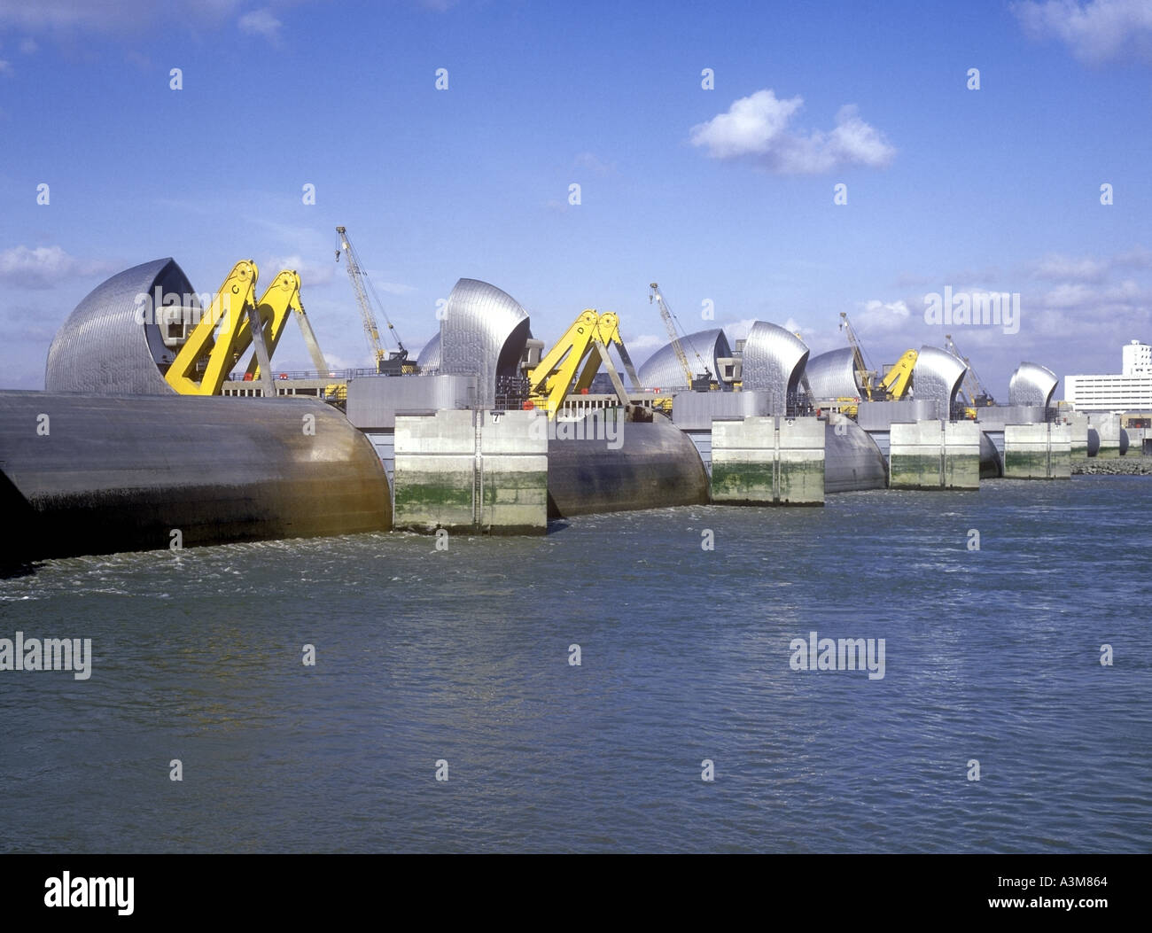 Woolwich East London river Thames flood barrier showing gates raised ...