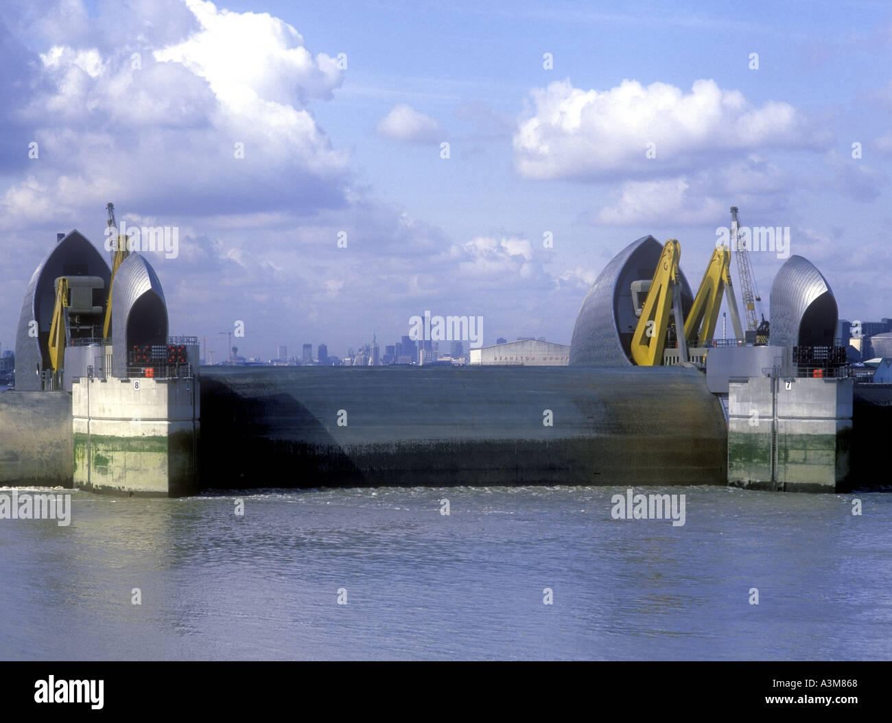 Woolwich East London river Thames flood barrier showing gates raised ...