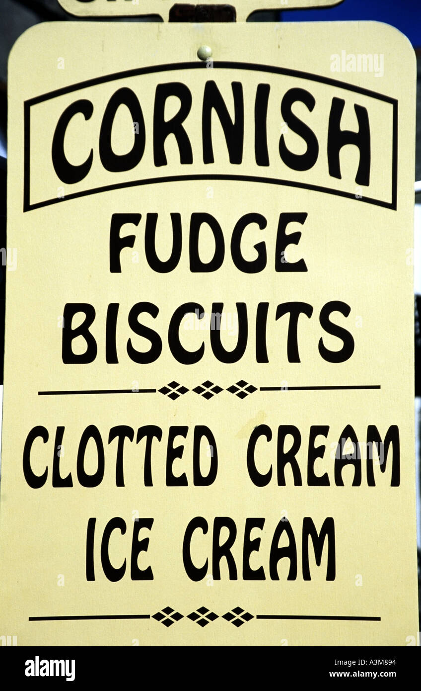 Tintagel close up of sign advertising Cornish fudge biscuits clotted ...