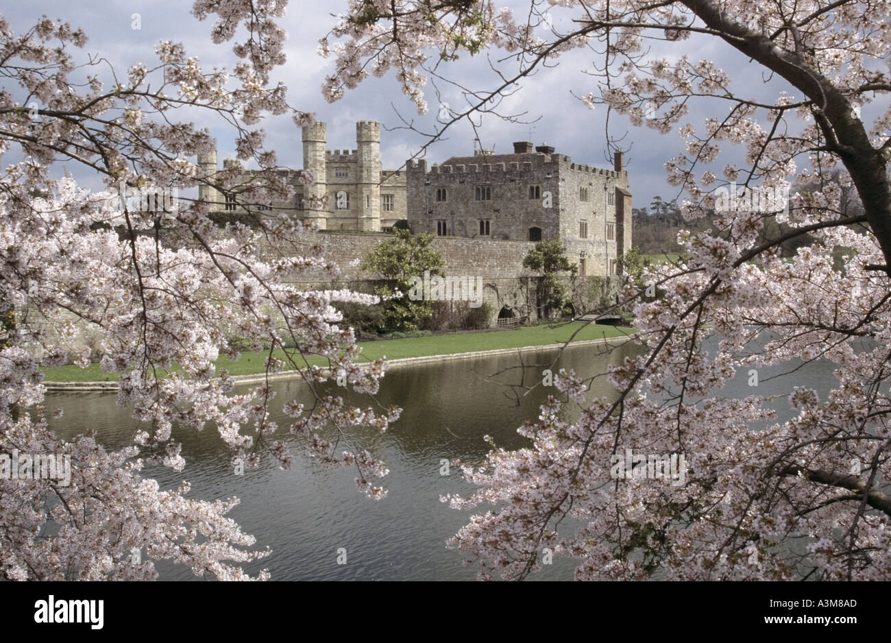 Historical Leeds Castle built in Tudor style on islands in a lake ...