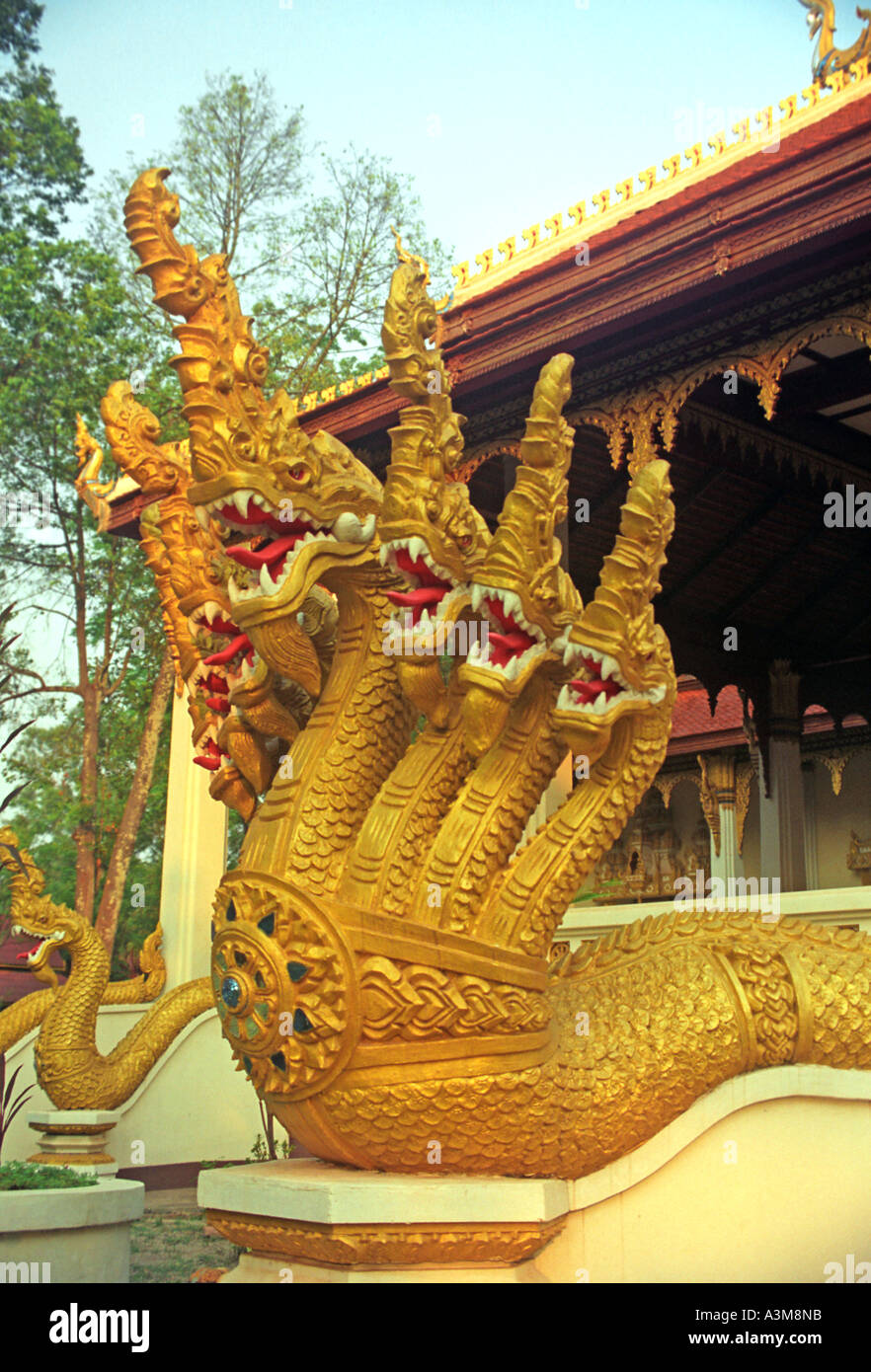 Multi headed naga balustrade on a new Wat building in Vientiane, Laos ...