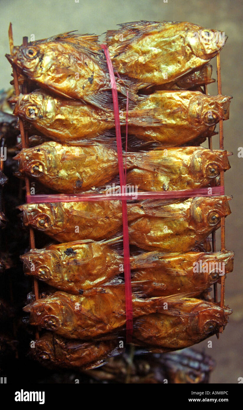 Dried fish in attractive packaging in the market, Phnom Penh, Camdodia ...