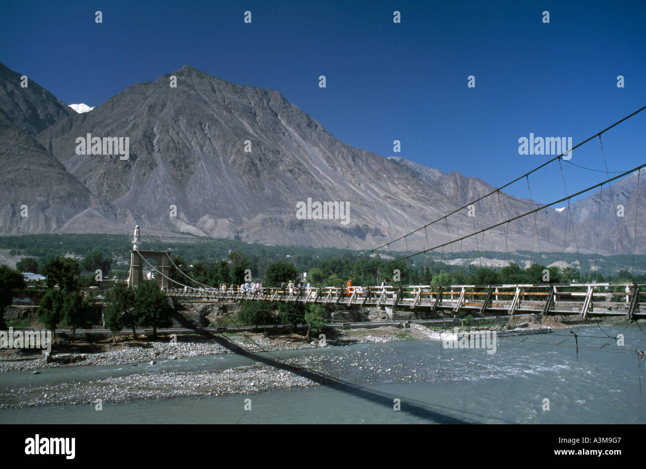 Gilgit suspension bridge, Gilgit, Pakistan. Spanning 600ft, it is the ...