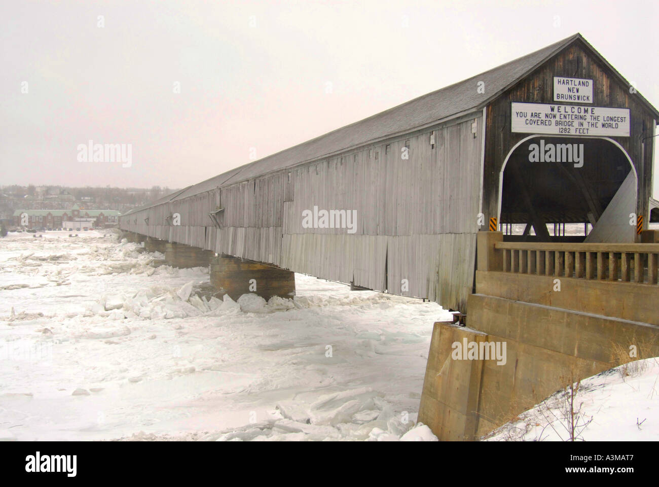 Hartland Covered Bridge Hartland New Brunswick Canada with ice jam over ...