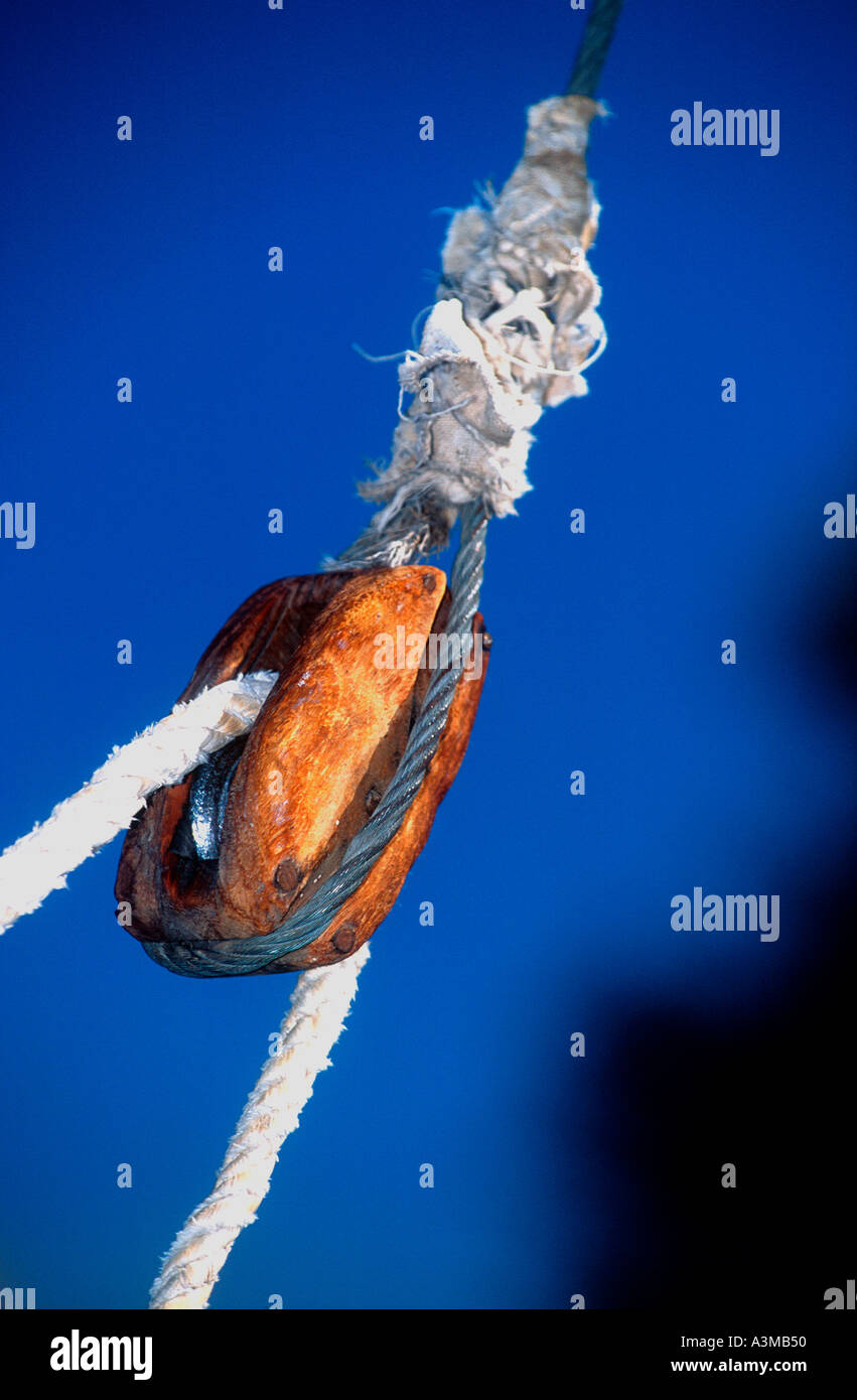 Block and sheave in strop rigging on a lateen sail felucca Egypt Stock ...