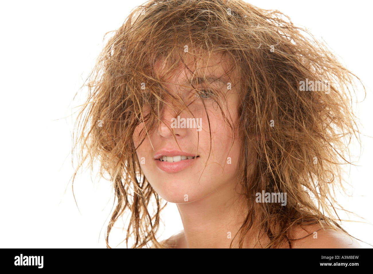 Young woman drying hair Stock Photo - Alamy