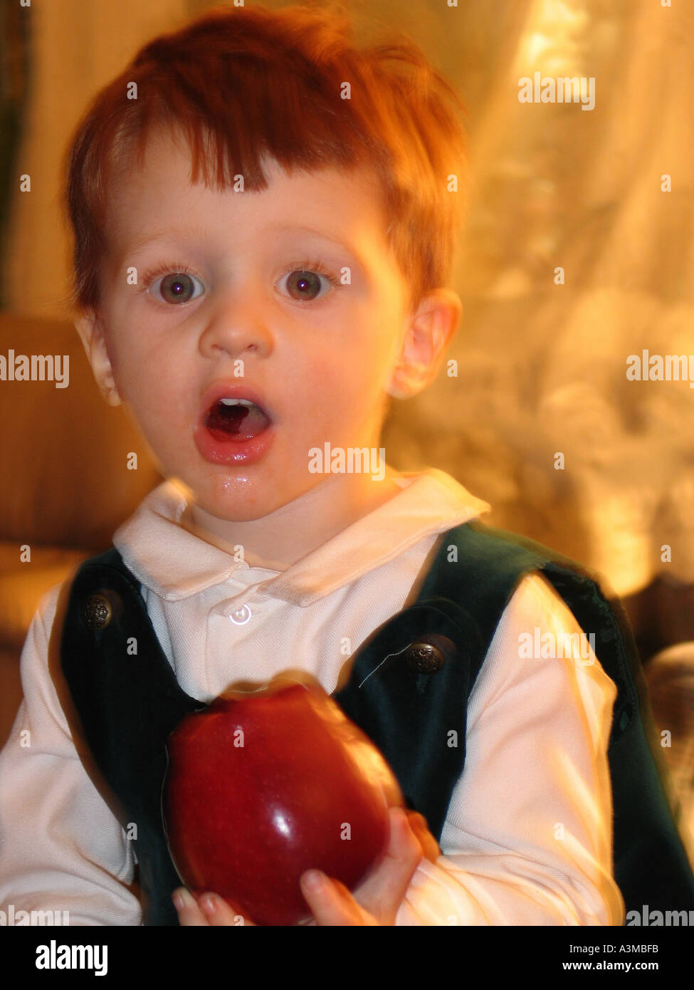 CUTE RED HEAD BOY EATING APPLE AT CHRSTMAS Stock Photo - Alamy