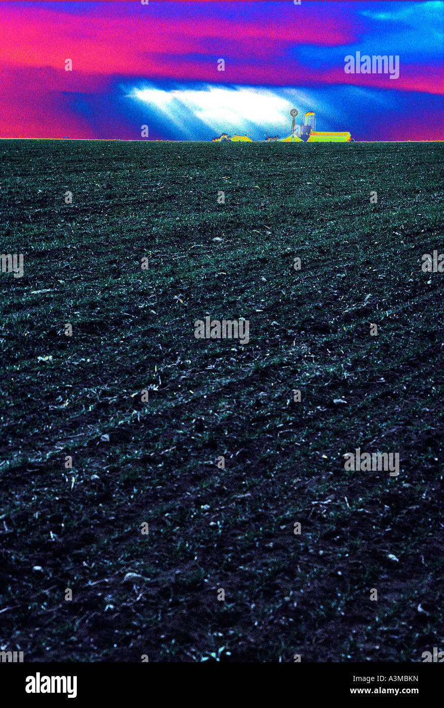 abstract colorful colourful landscape farm field barn silo Stock Photo ...