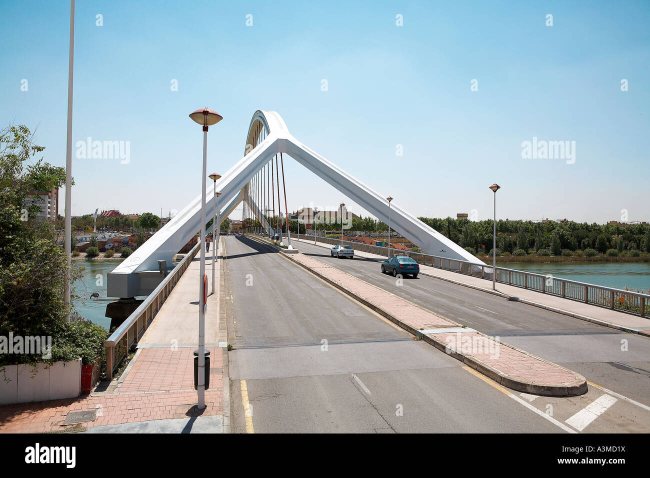A view of the Punta De La Barqueta Bridge, Sevilla, Andalucia, Spain ...