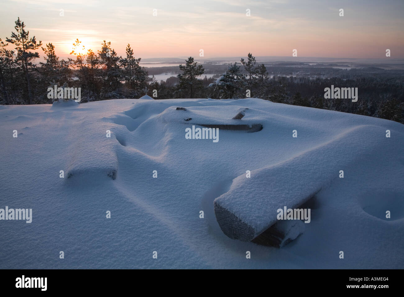 Midday view from a mountain in Northern Sweden during midwinter. Close ...
