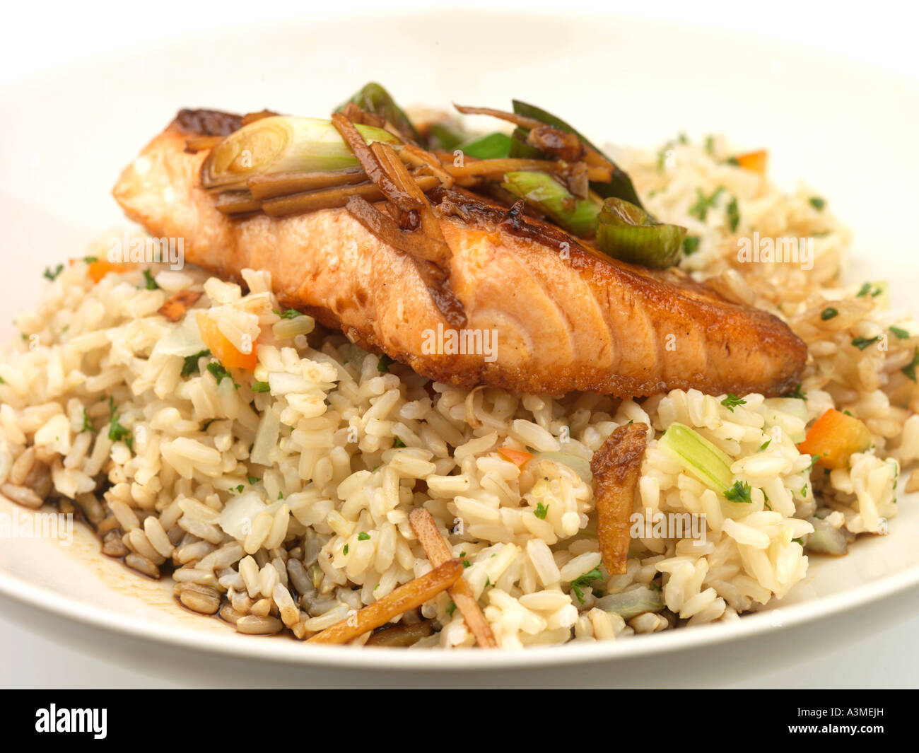 Thai Salmon with Brown Rice Stock Photo - Alamy