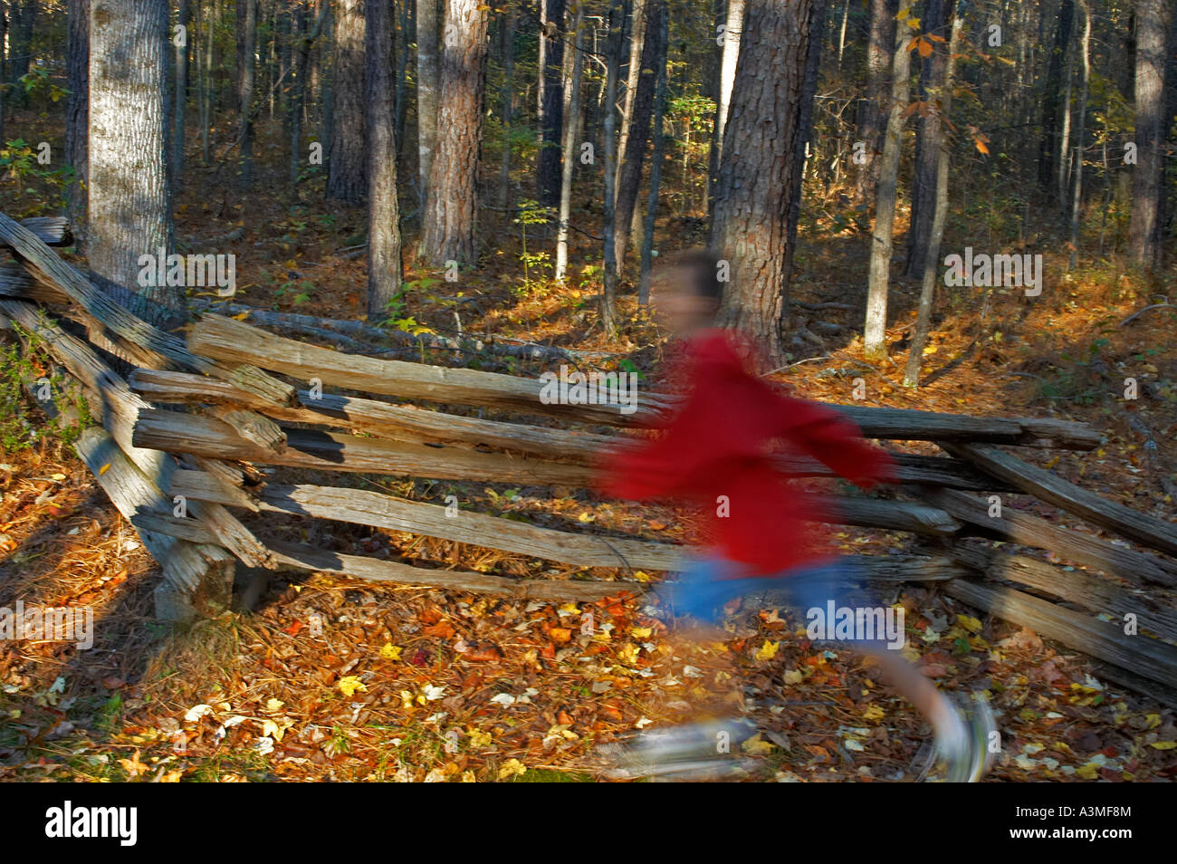 split rail log fence motion blur young boy running Stock Photo - Alamy