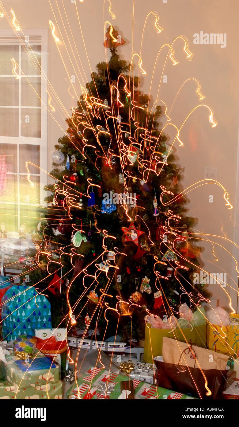 family fun lifestyle Christmas morning day gifts tree lights streak ...