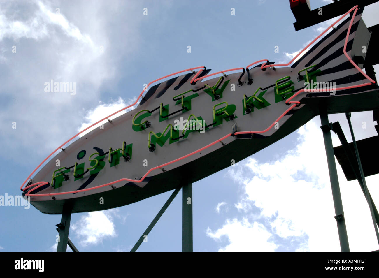 The "city fish market" sign at the Pike Place Public Market in Seattle ...